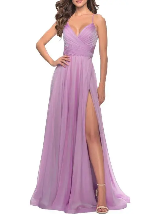 La Femme Chiffon Gown With Ruched Bodice And Slit - Lavender