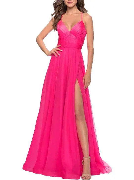 LABOMME Chiffon Gown With Ruched Bodice And Slit - Neon Pink