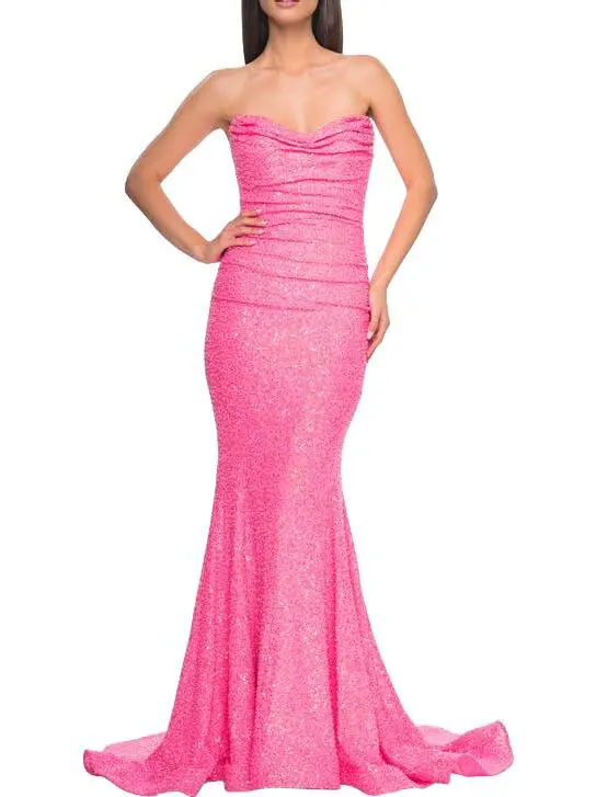 LABOMME Strapless Sweetheart Mermaid Sequin Gown - Neon Pink