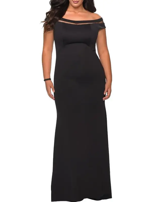 La Femme Off-the-shoulder Gown With Sheer Neckline Detail - Black
