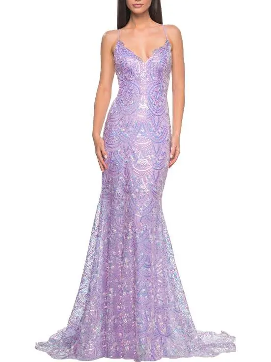 LABOMME Sequin Mermaid Dress With Lace Up Back - Light Periwinkle