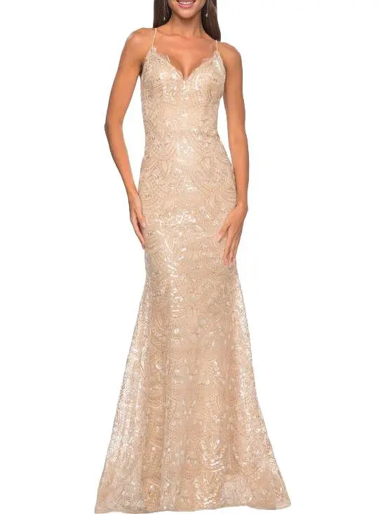 LABOMME Sequin Mermaid Dress With Lace Up Back - Nude