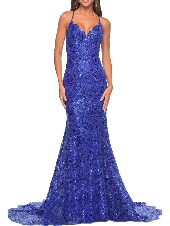 LABOMME Sequin Mermaid Dress With Lace Up Back - Royal Blue