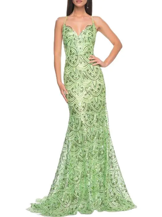 La Femme Sequin Mermaid Dress With Lace Up Back - Sage
