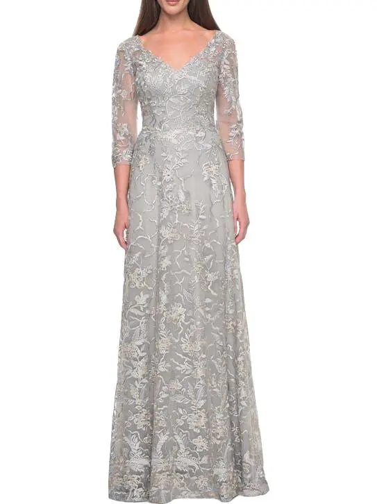 La Femme Lace A-line Gown - Silver