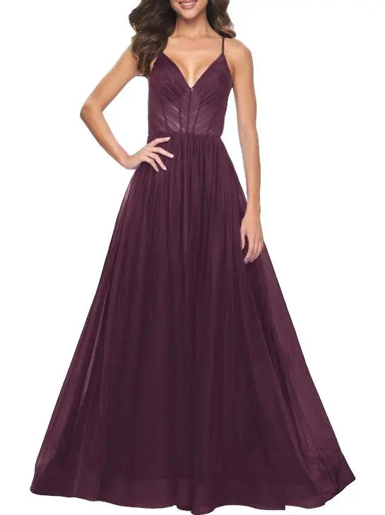 LABOMME A-line Prom Dress With Illusion Bodice - Dark Berry