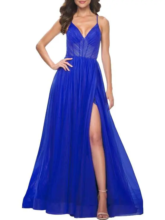 LABOMME A-line Prom Dress With Illusion Bodice - Royal Blue