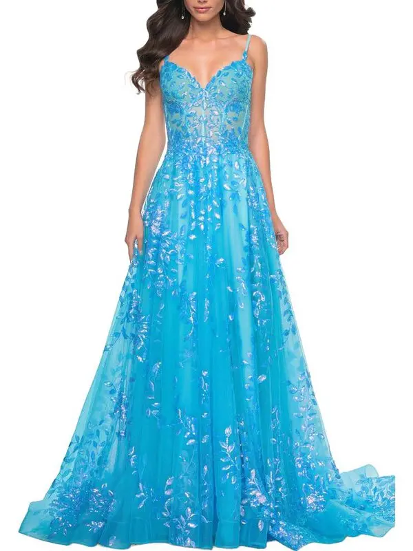 LABOMME Sequin Lace Print Tulle A-line Gown With Illusion Bodice - Blue
