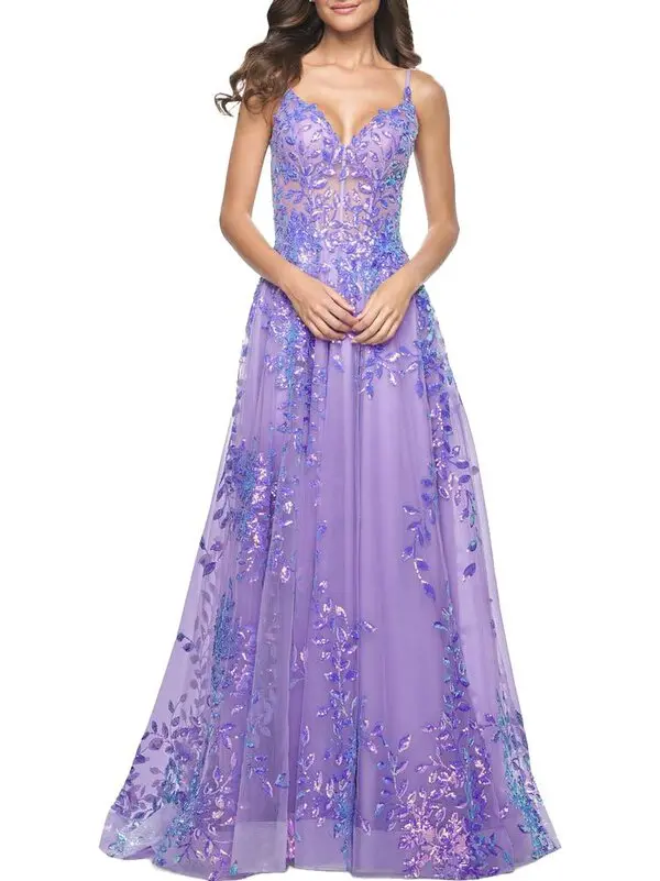 LABOMME Sequin Lace Print Tulle A-line Gown With Illusion Bodice - Periwinkle