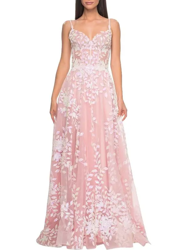 LABOMME Sequin Lace Print Tulle A-line Gown With Illusion Bodice - Pink
