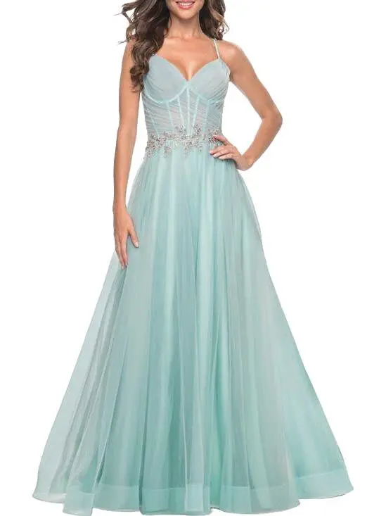 La Femme A-line Tulle Prom Gown With Rhinestone Belt Detail - Light Blue
