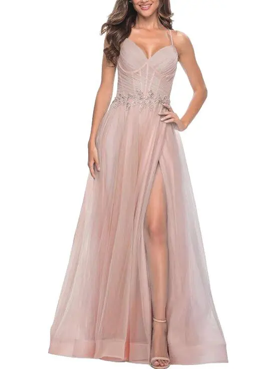 LABOMME A-line Tulle Prom Gown With Rhinestone Belt Detail - Mauve