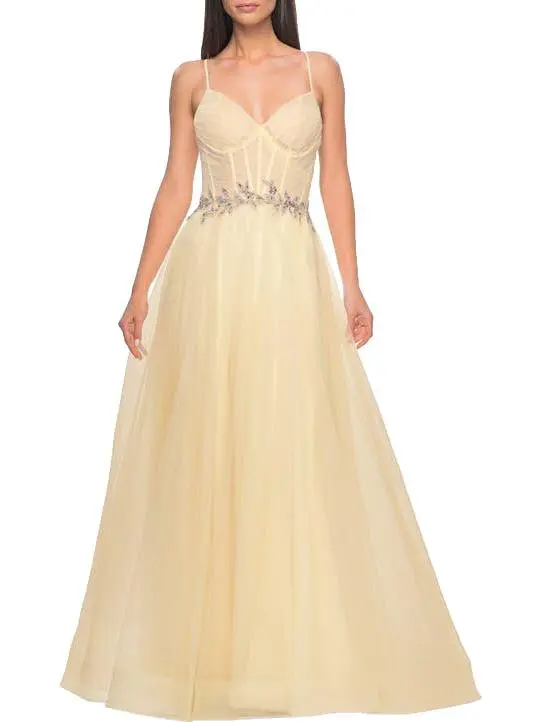 LABOMME A-line Tulle Prom Gown With Rhinestone Belt Detail - Pale Yellow