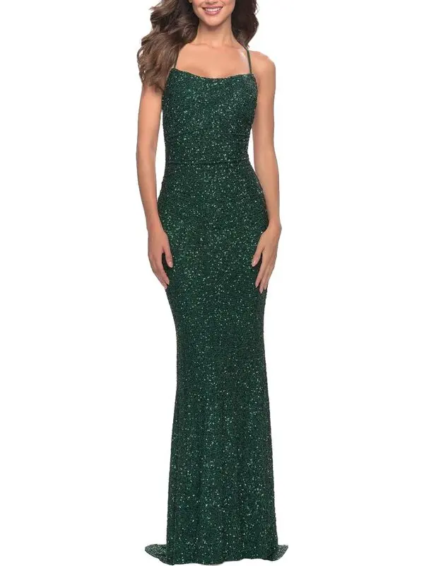 La Femme Sequin Gown With Open Back - Emerald