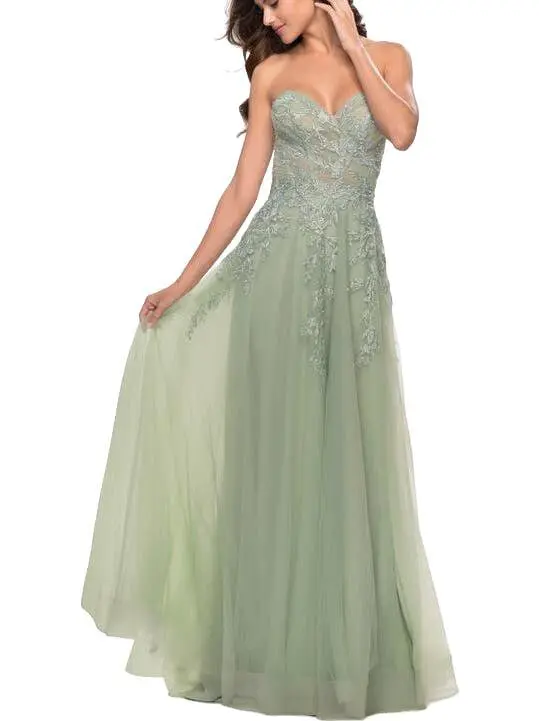 La Femme Sweetheart Tulle Gown With Lace Applique - Sage