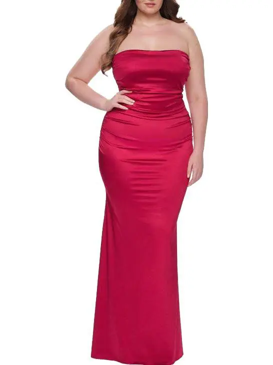 La Femme Strapless Satin Gown With Ruching - Deep Red