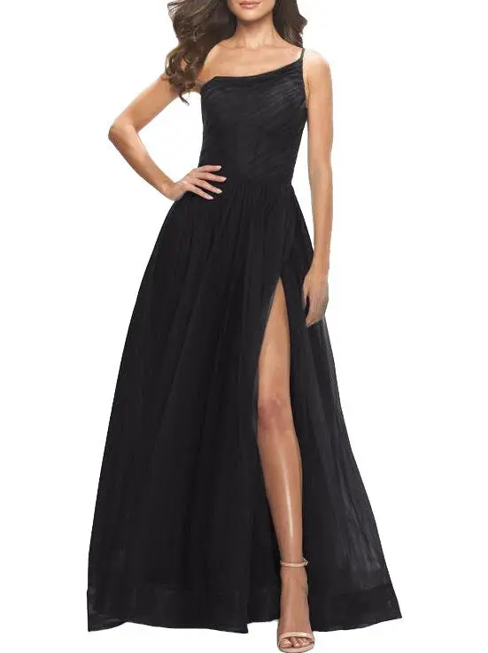 La Femme One-shoulder A-line Tulle Gown - Black