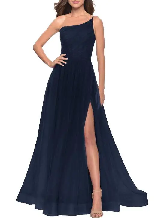 La Femme One-shoulder A-line Tulle Gown - Navy