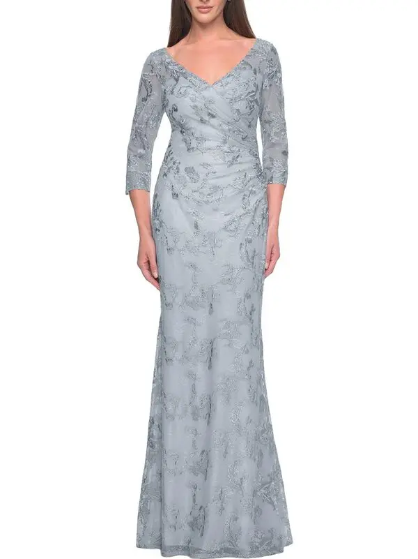 LABOMME Lace Gown With Three-quarter Sleeves - Dusty Blue