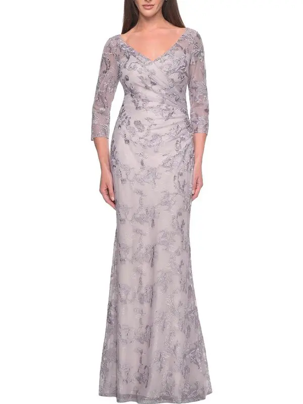 LABOMME Lace Gown With Three-quarter Sleeves - Dusty Lilac