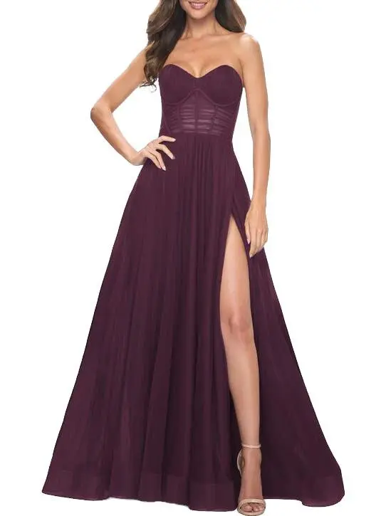 LABOMME Strapless Sweetheart A-line Corset Prom Dress - Dark Berry