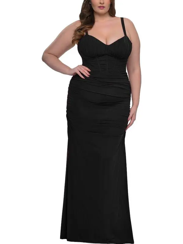 La Femme Corset Net Jersey V-neck Dress - Black
