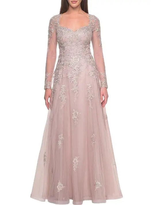 LABOMME A-line Lace And Tulle Gown With Long Sleeves - Dusty Mauve
