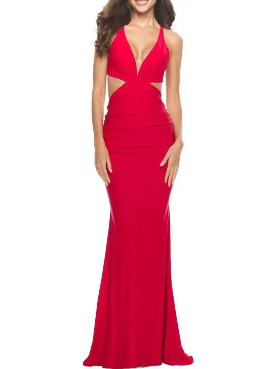 La Femme Jersey Prom Dress With Cut Out Sides And Open Back - Red