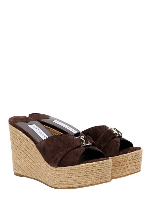 JIMMY CHOO Leda 100 Suede Espadrille Wedges - Brown
