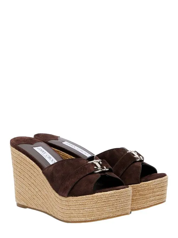 JIMMY CHOO Leda 100 Suede Espadrille Wedges - Brown