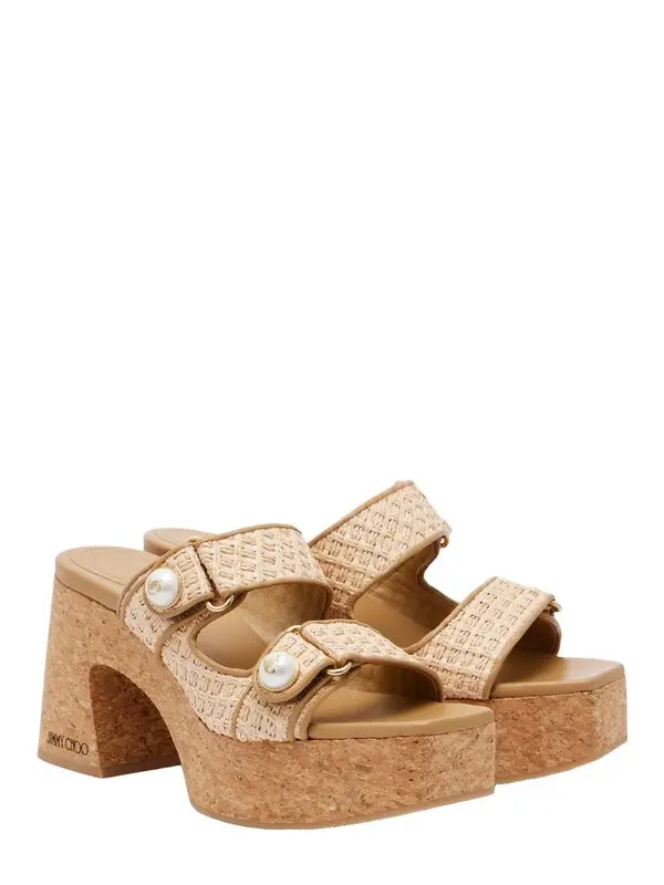 JIMMY CHOO Fayence 95 Leather Wedge Sandals - Beige