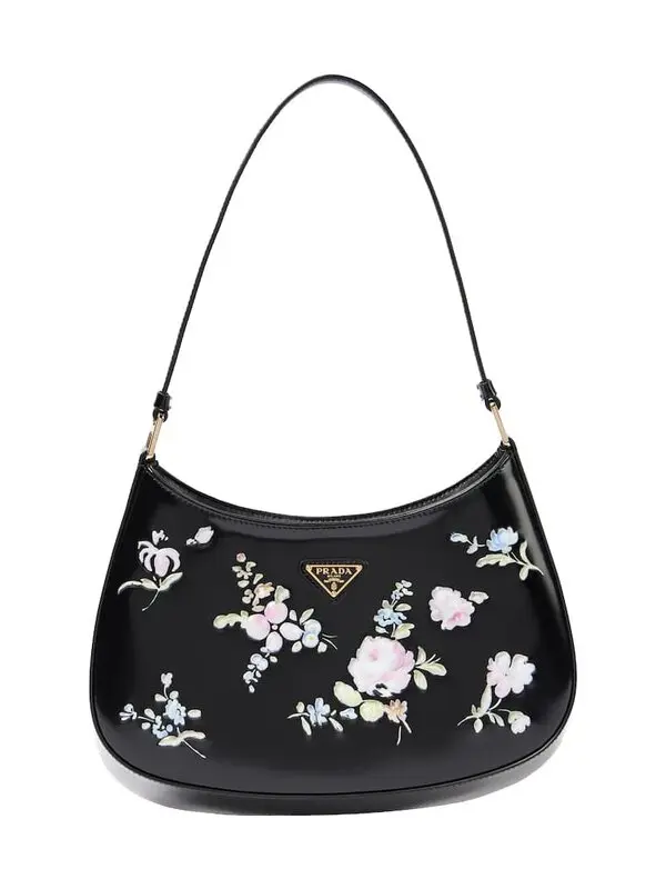 Prada Cleo Floral Leather Shoulder Bag - Black