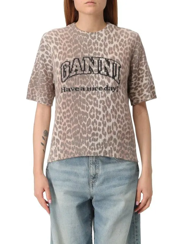 GANNI Leopard Print Knit Top With Graphic Detail - Multicolor