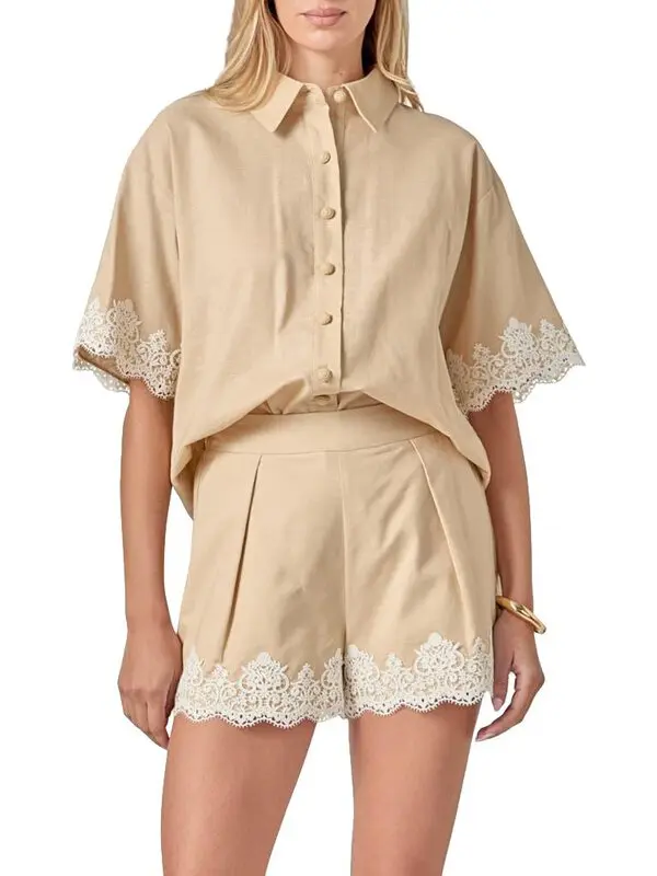 English Factory Embroidered Lace Linen Blend Shirt - Beige/ White