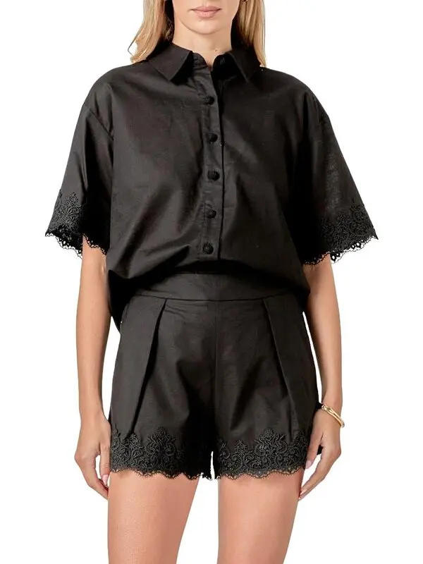 English Factory Embroidered Lace Linen Blend Shirt - Black
