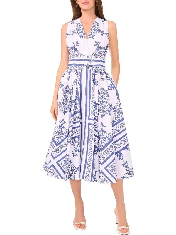 CECE DUPRAZ Sleeveless Belted Cotton Midi Dress - Artesian Blue
