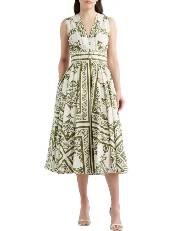 CECE DUPRAZ Sleeveless Belted Cotton Midi Dress - Olive Green