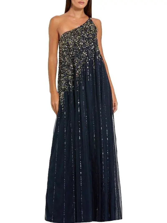 Mac Duggal One-shoulder Embellished A-line Gown - Midnight Gold