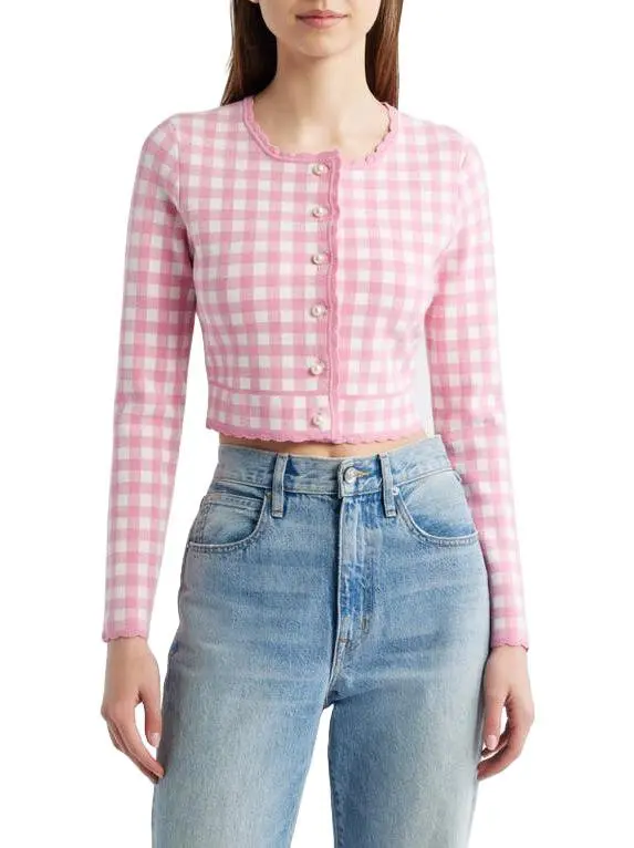 LoveShackFancy Bridgette Check Crop Cardigan - Pink Pearl