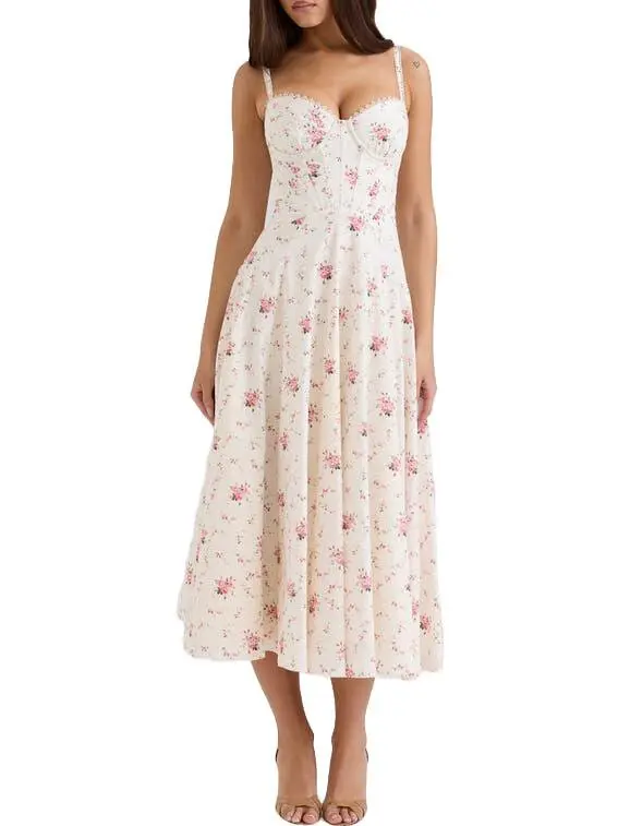 House Of Cb Steffani Floral Corset Midi Sundress - White Vintage Rose Print