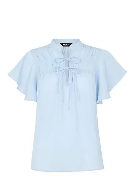 Whistles Frill-sleeve Tie-front Woven Blouse - Pale Blue