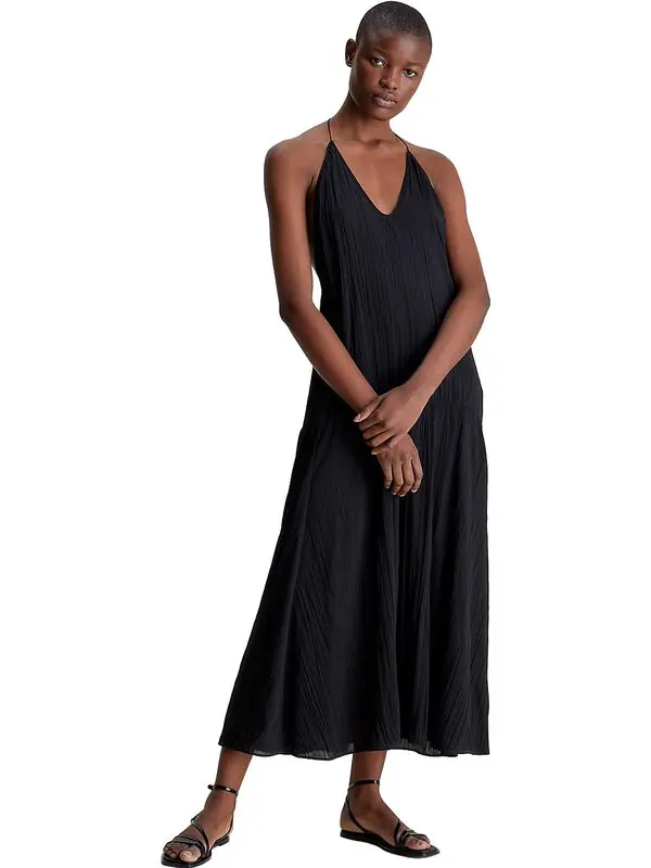 Calvin Klein Pleated Texture Maxi Slip Dress - Black