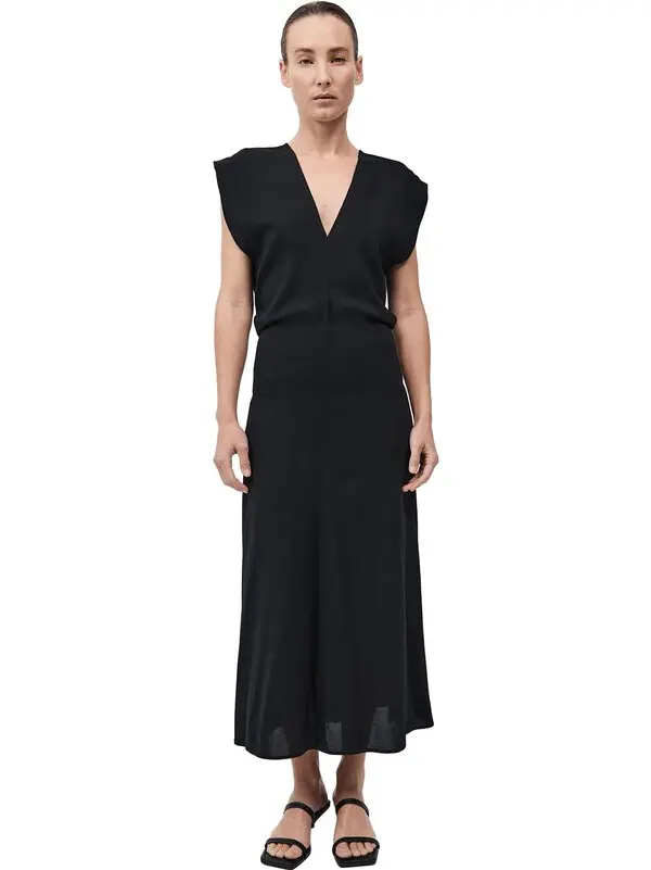 ST AGNI Plunge Drape 7/8 Length Dress - Black