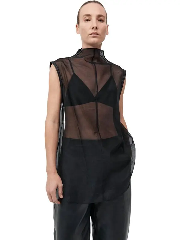 ST. AGNI Sheer Silk Leather Trim Top - Black