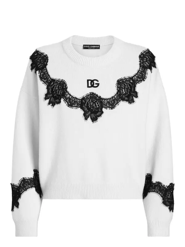 Dolce & Gabbana Wool Sweater With Logo And Lace - White