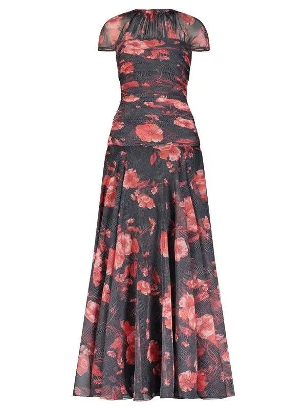 Lela Rose Printed Glenn Plaid Chiffon Ruched Gown - Floral