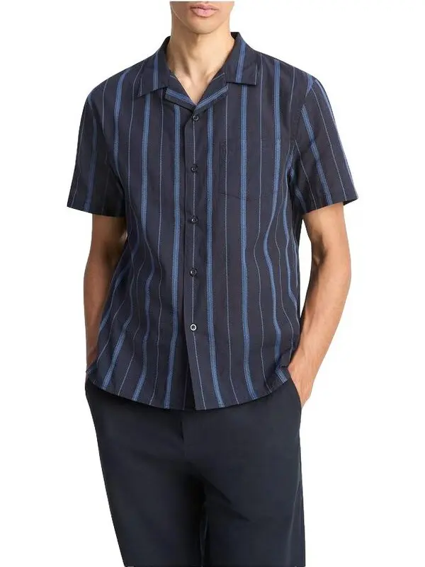 Vince Deck Stripe Cotton Cabana Shirt - Blue