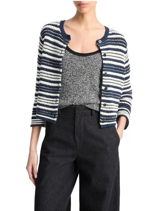 Vince Textured Stripe Italian Cotton Cardigan - White