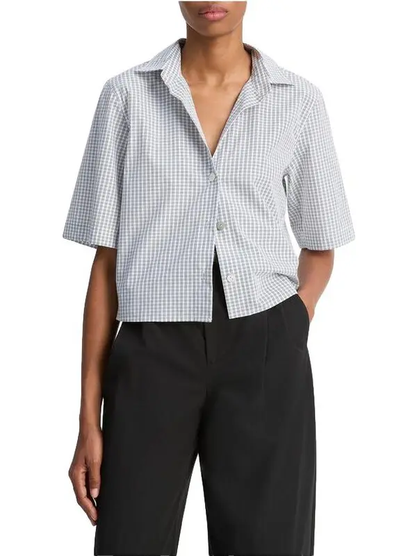 Vince Checked Cotton Cropped Shirt - Blue