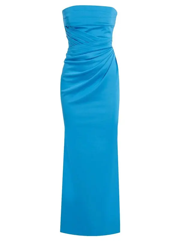 Badgley Mischka Strapless Pleated Ponte Maxi Dress - Azure